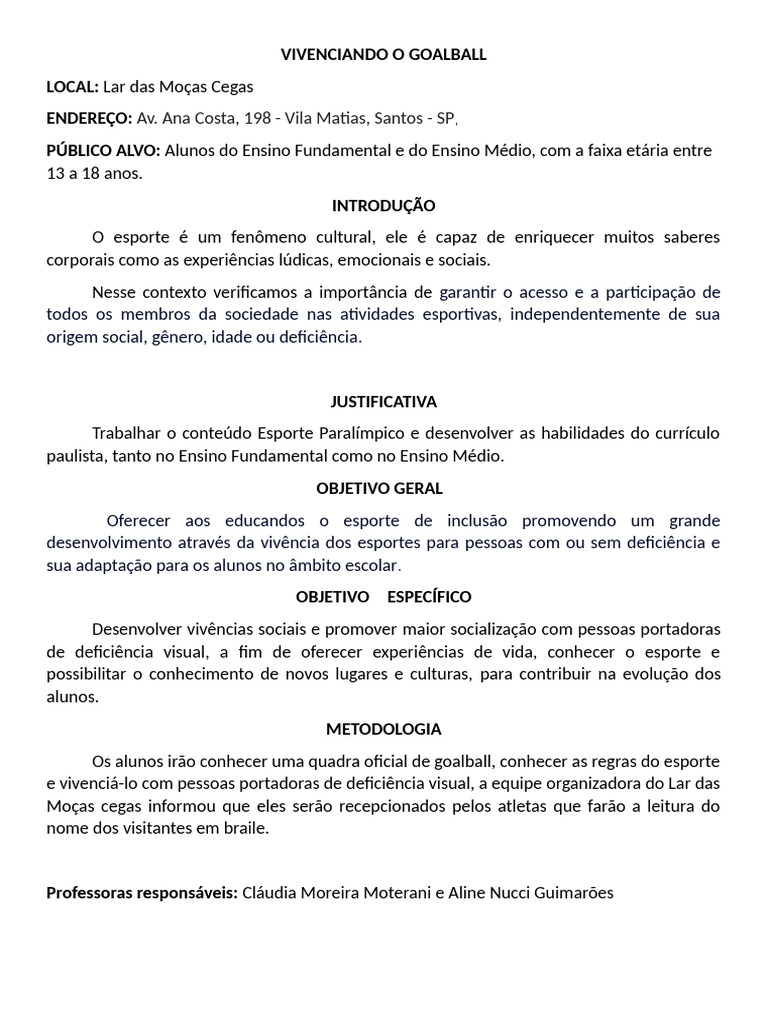 Visita Ao Lar Das Moças Cegas | PDF