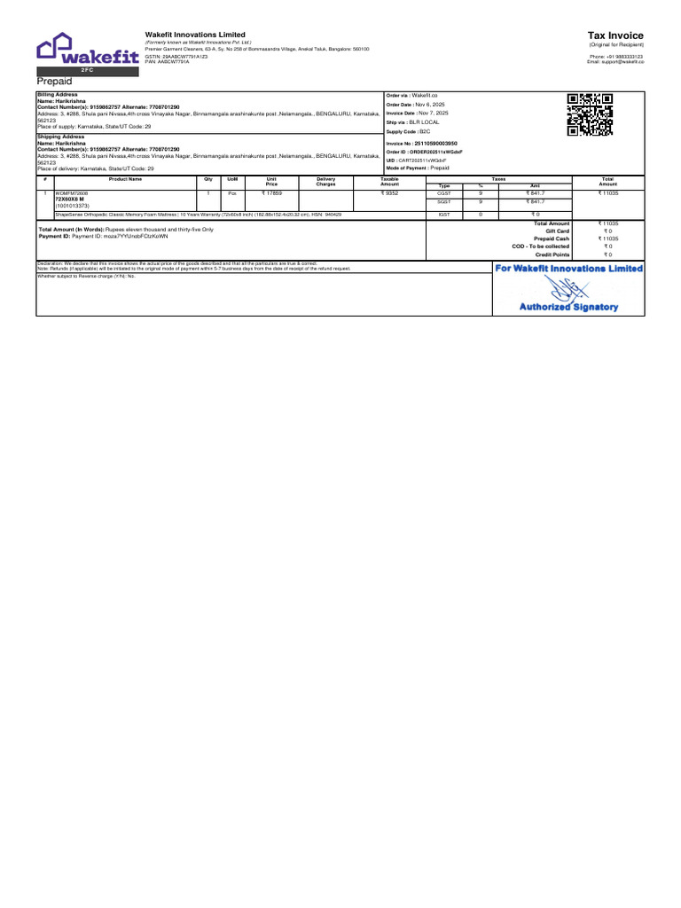 Wakefit Tax Invoice for Mattress Purchase | PDF | Taxes | Payments