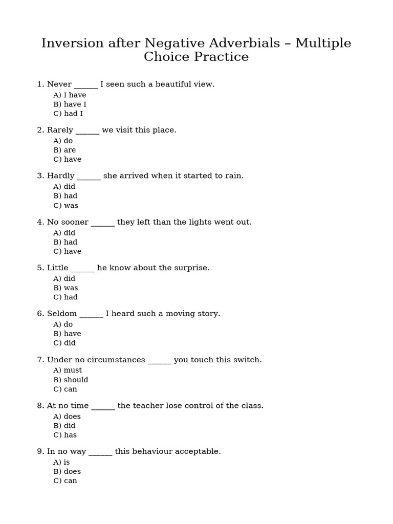 Inversion Practice: Negative Adverbials | PDF