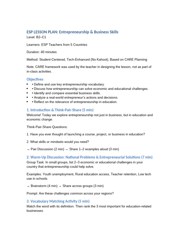 ESP Lesson Plan: Entrepreneurship Skills | PDF | Entrepreneurship ...