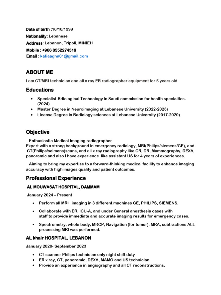 Experienced CT/MRI Technician Resume | PDF