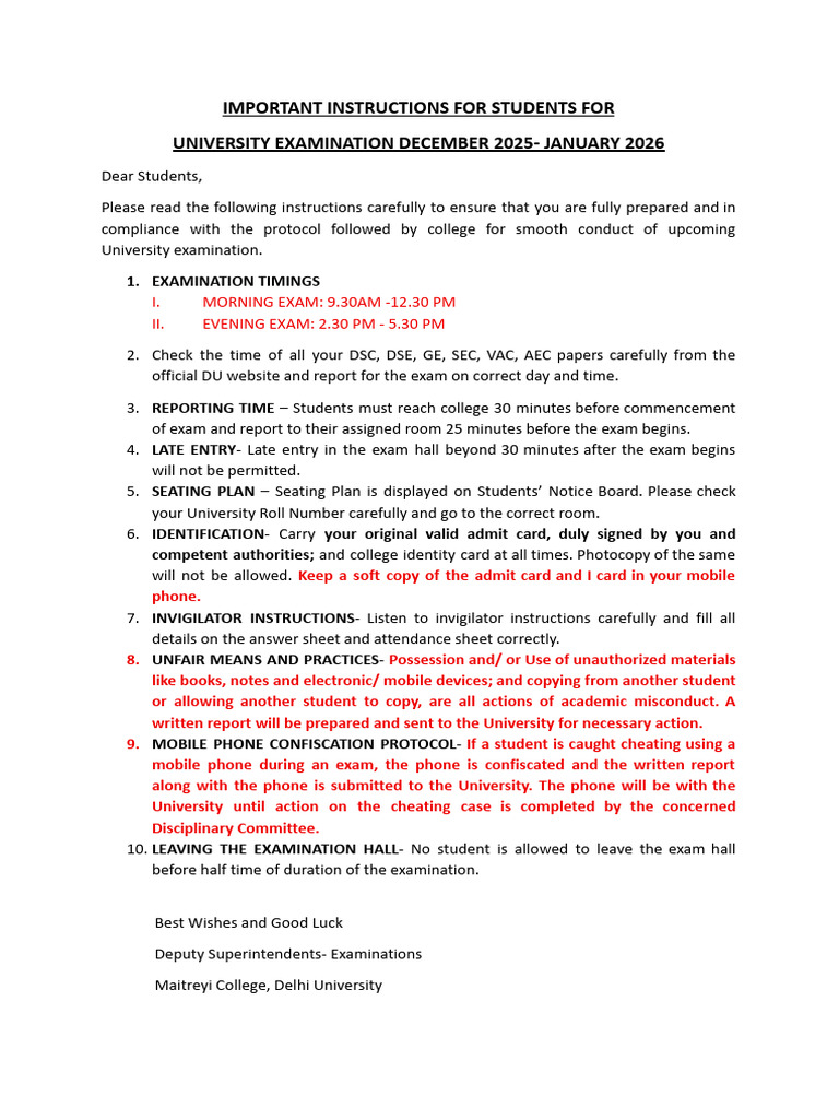 Important Instructions For Students Final Exam Dec 2025 | PDF