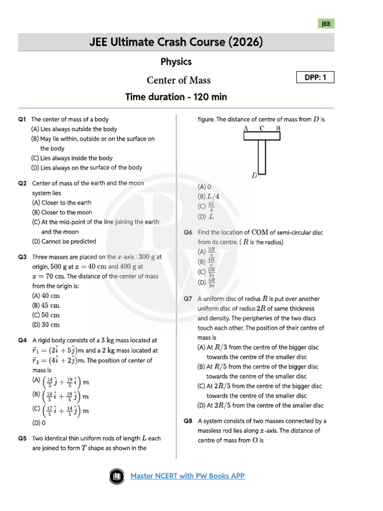 Center of Mass _ DPP 01 (of Lec 02) | PDF