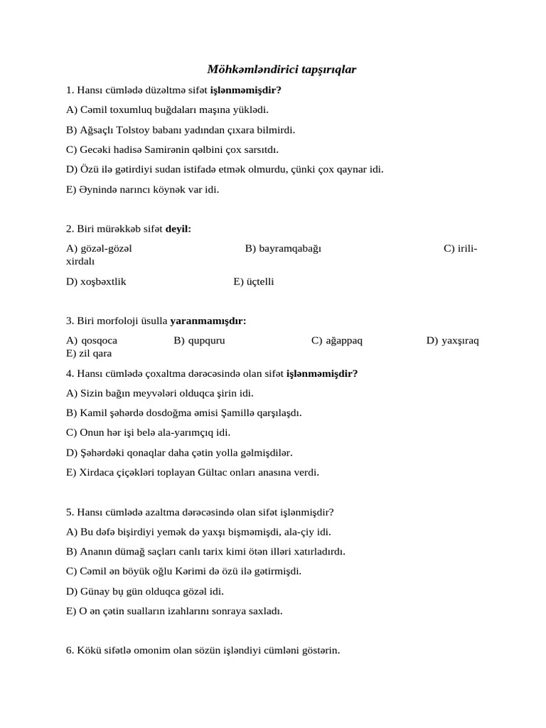 Möhkəmləndirici Tapşırıqlar-Sifet | PDF
