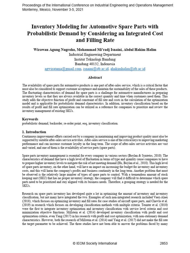 Inventory Modeling For Automotive Spare Parts With Probabilistic Demand ...