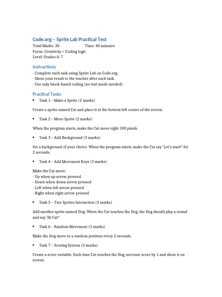 Sprite Lab Practical Test Guide | PDF