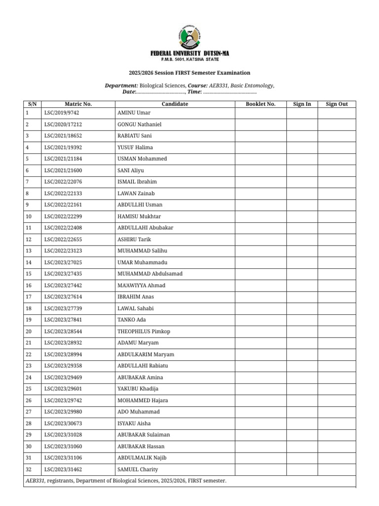 Exam Attendance Sheet AEB331 (1) | PDF