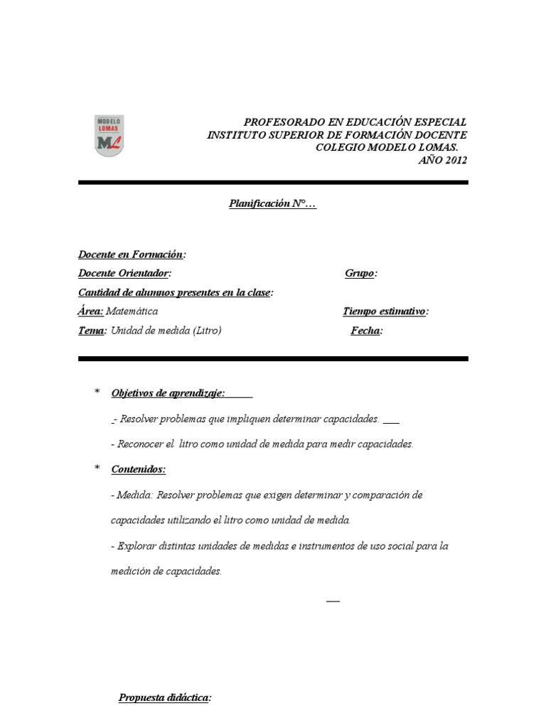 Plan de Unidad de Medida Litro | PDF | Litro | Medición