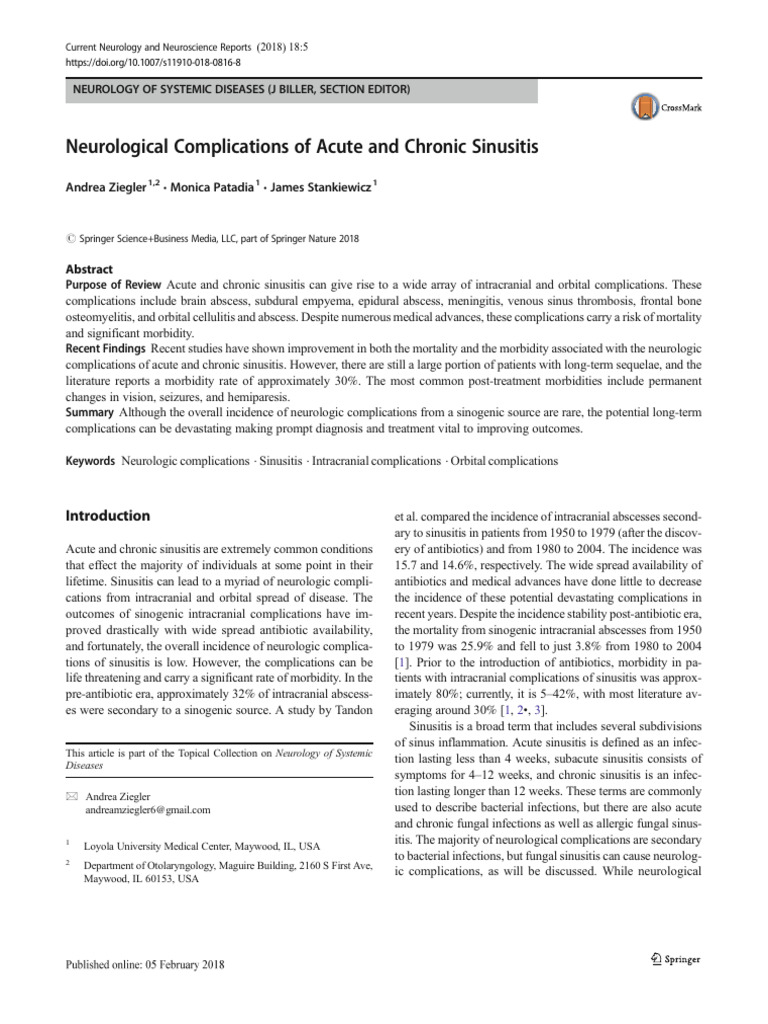 Complicaciones Neurologicas de La Sinusitis 2018 | PDF | Meningitis | Headache