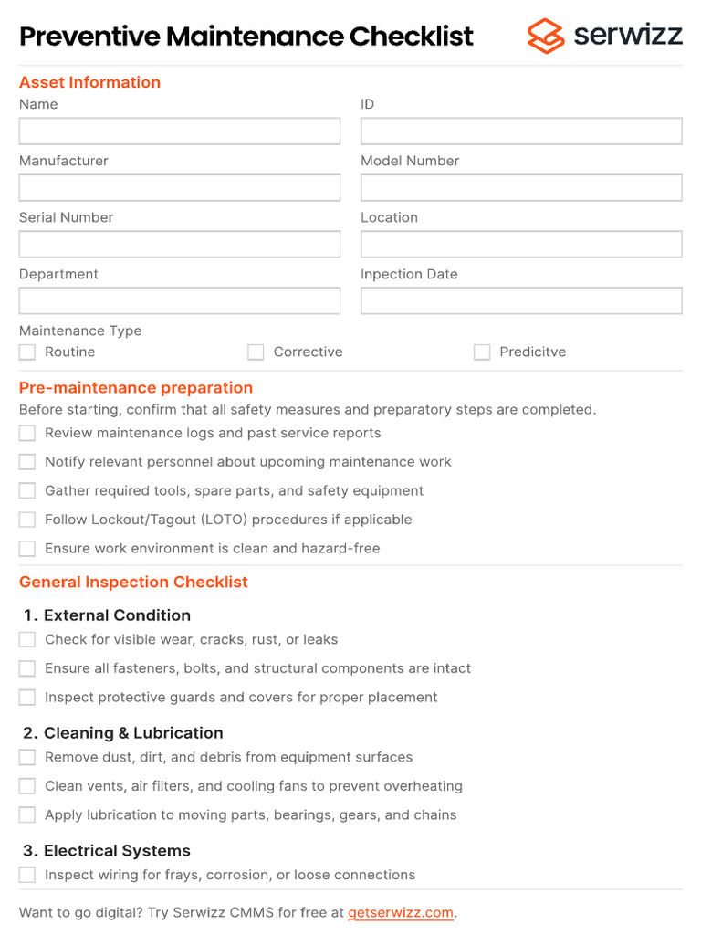 Preventive Maintenance Checklist | PDF | Safety | Manufactured Goods