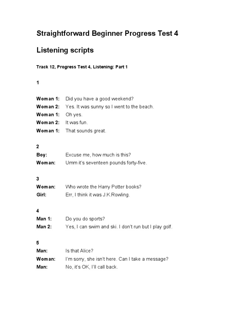 Beginner Listening Progress Test 4 | PDF | Harry Potter