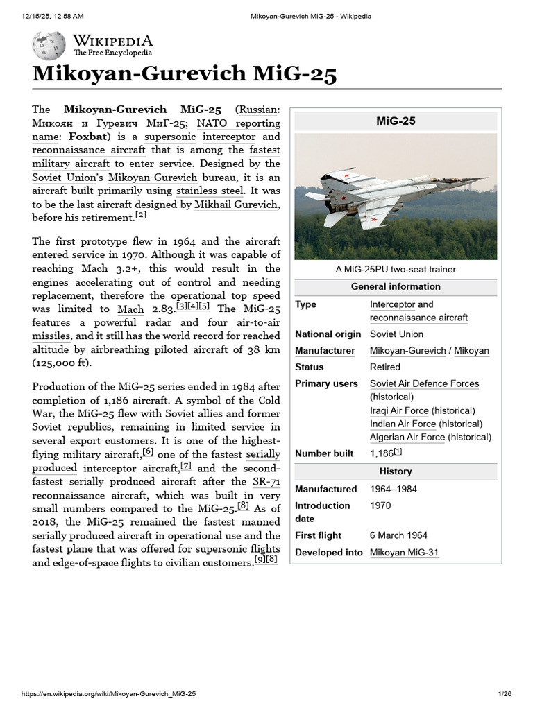 Mikoyan-Gurevich MiG-25 Overview | PDF | Aviation | Aircraft