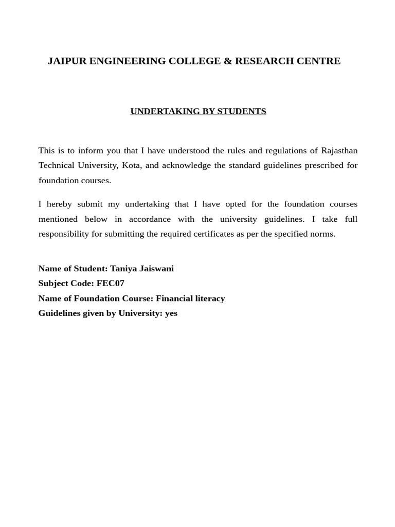 Undertaking by Students for Foundation Course | PDF