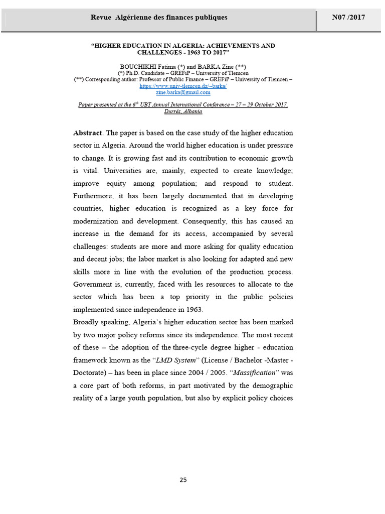 Higher Education in Algeria Achievements and Challenges 1963 To 2017 ...