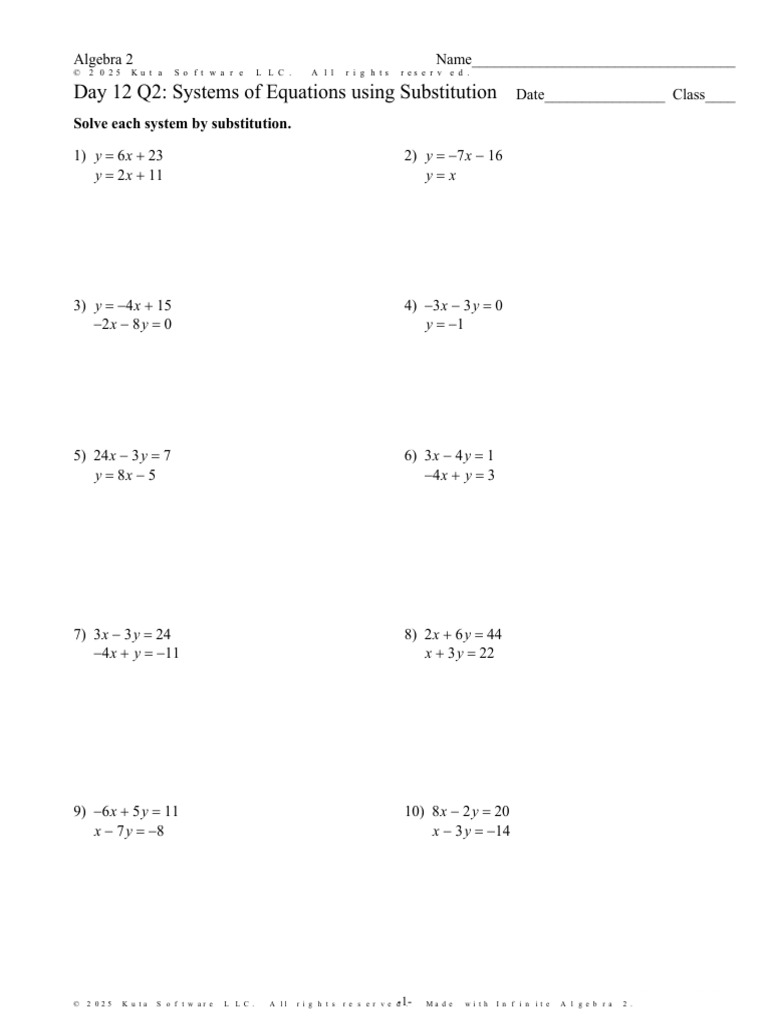 Day 12 Q2 Systems of Equations Using Substitution HW | PDF ...