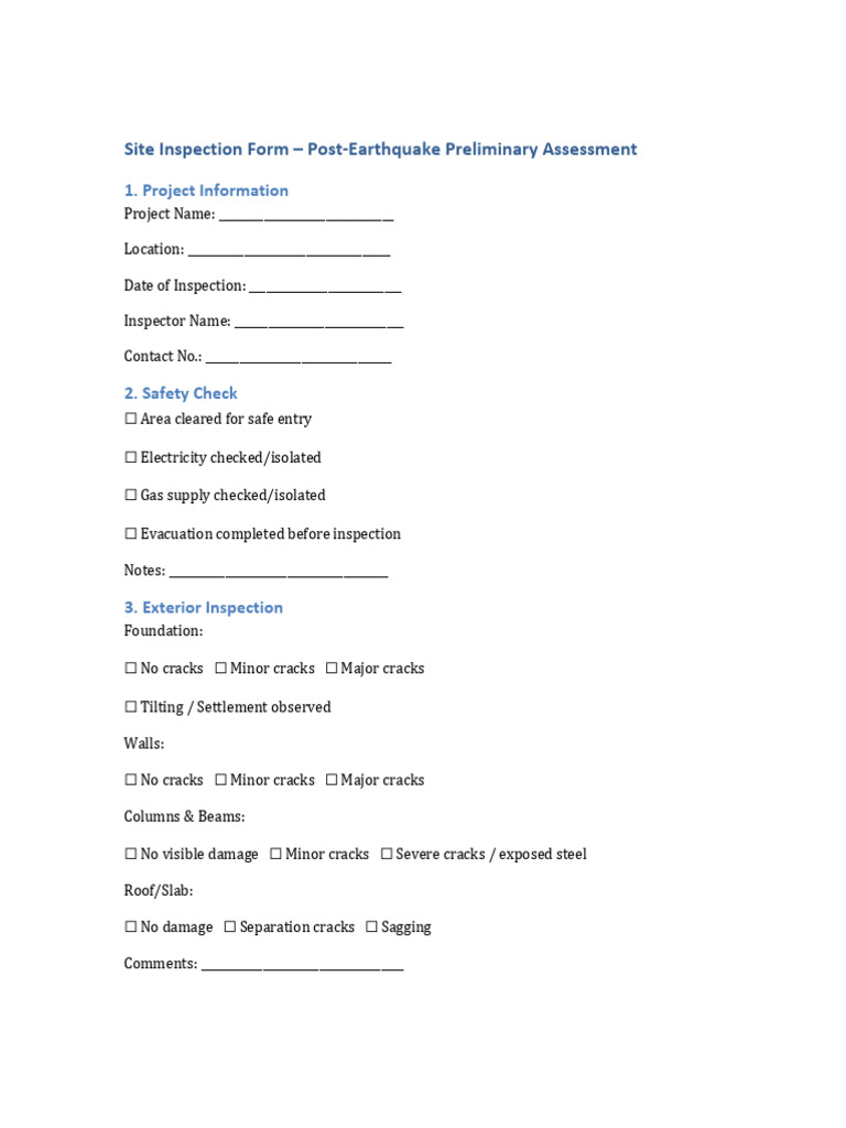Post-Earthquake Site Inspection Checklist | PDF