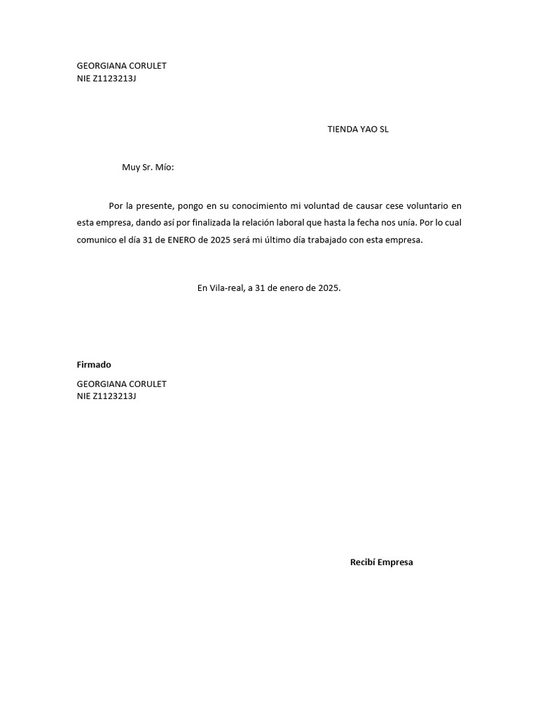 Cese Voluntario de Georgiana Corulet | PDF