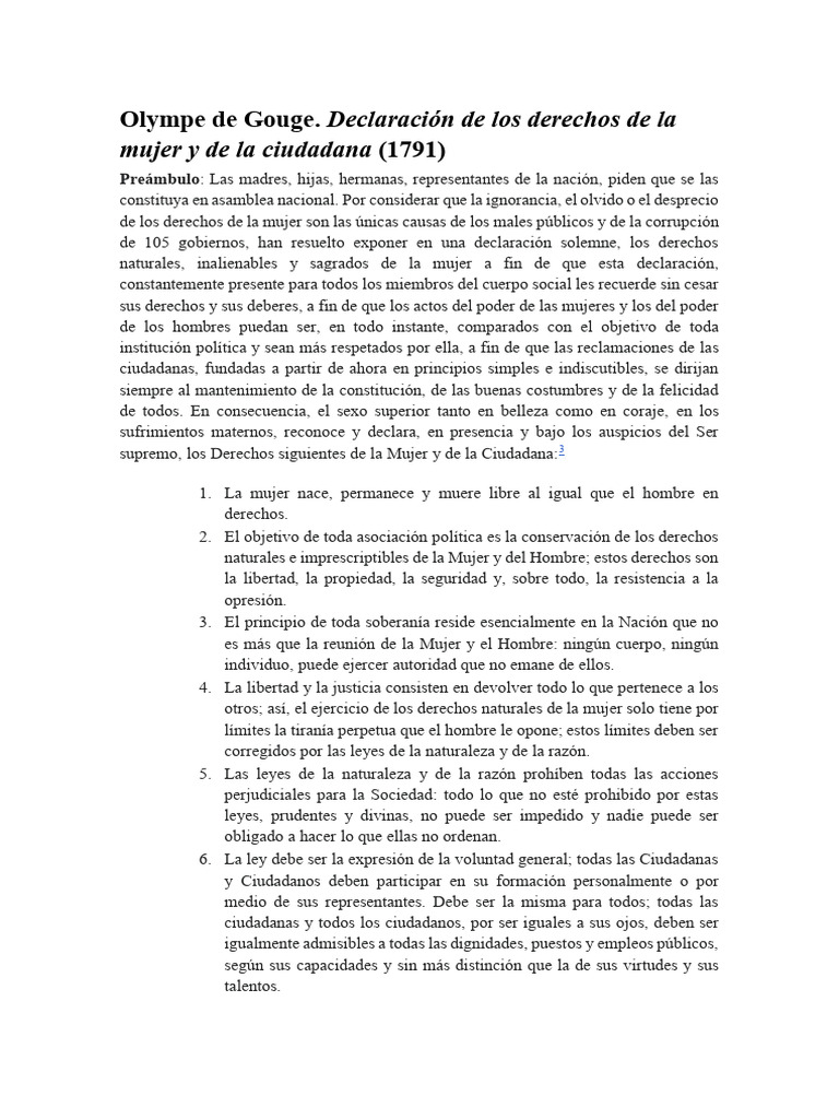 Declaración de Los Derechos de La Mujer y de La Ciudadana | PDF ...