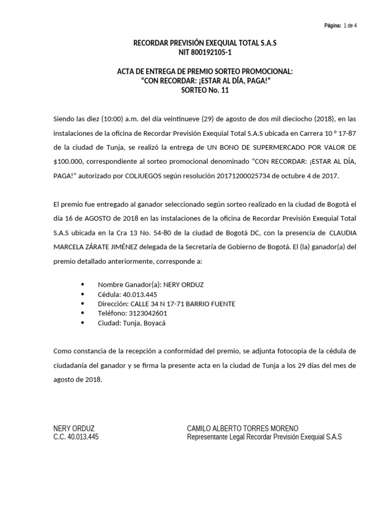 03 Acta Entrega Premio Sorteo Club Recordar Agosto 16 2018 | PDF
