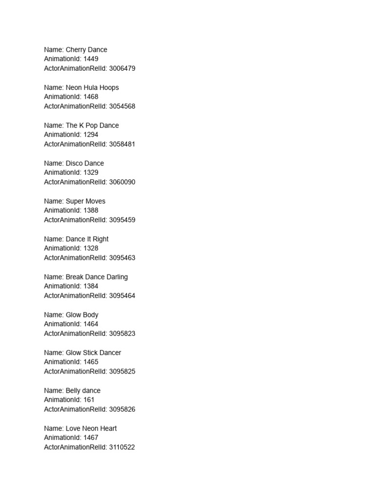 Dance Animation List and IDs | PDF | Performing Arts