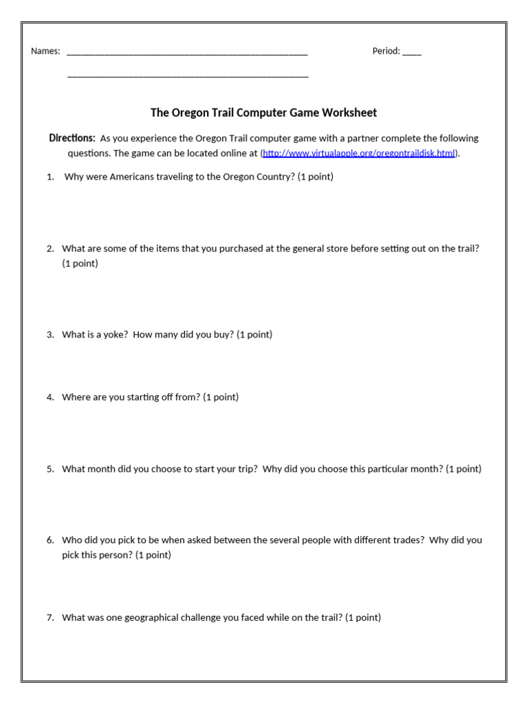 Oregon Trail Game Worksheet Guide | PDF