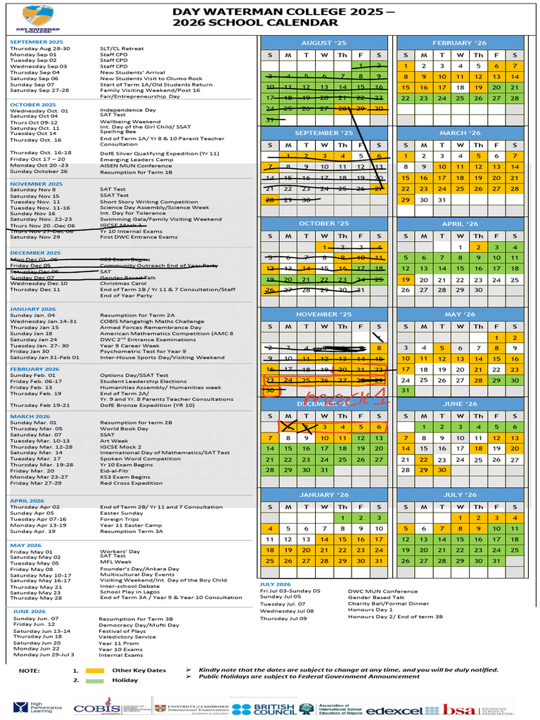 Day Waterman College 2025-2026 Calendar | PDF