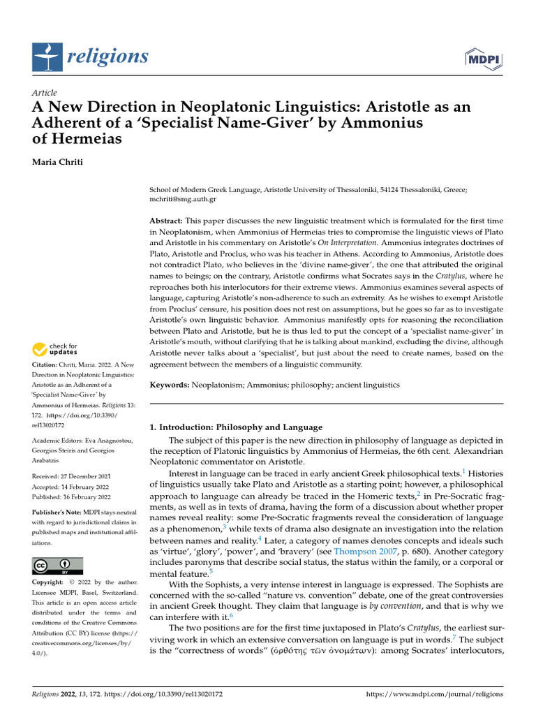 [Chriti] a New Direction in Neoplatonic Linguistics - Aristotle as an ...