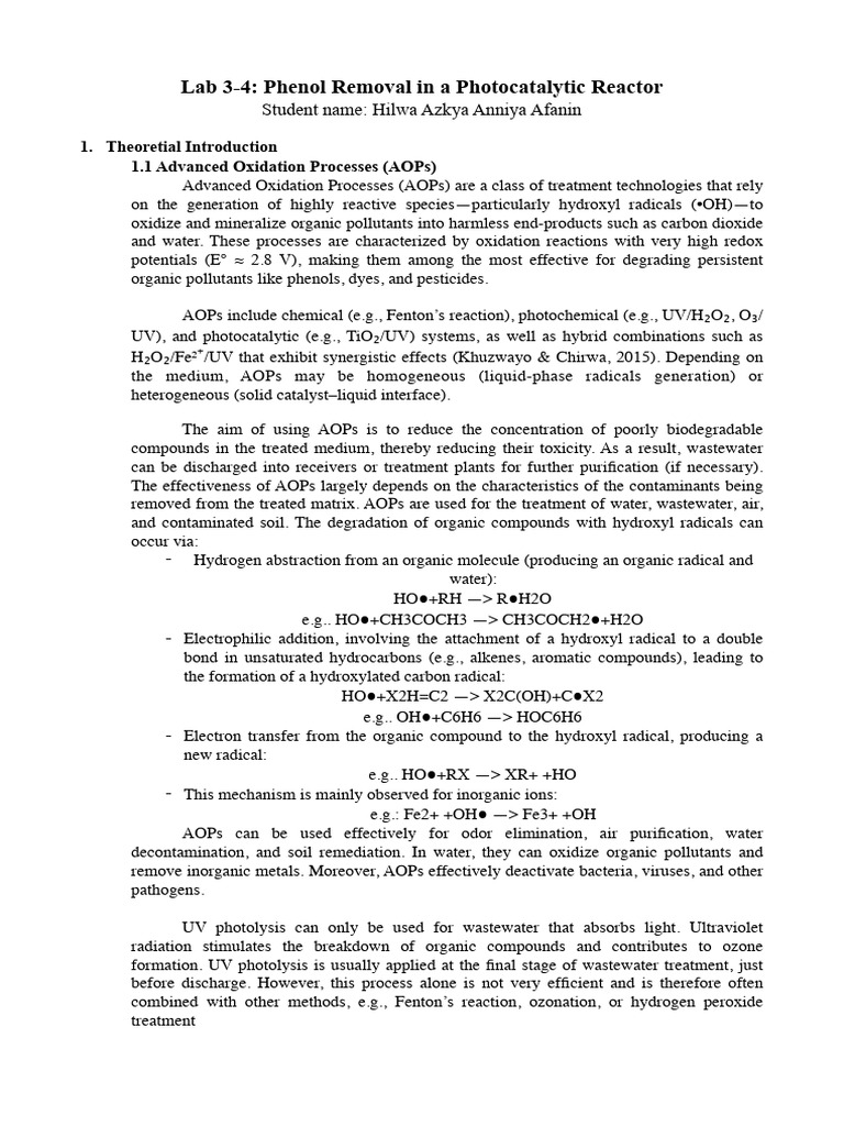 Lab 3-4 Phenol Removal in A Photocatalytic Reactor Hilwa Azkya Anniya ...