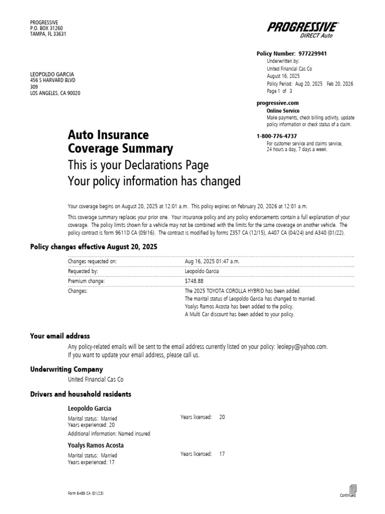 2025 Auto Insurance Declarations Page | PDF | Insurance | Financial Risk