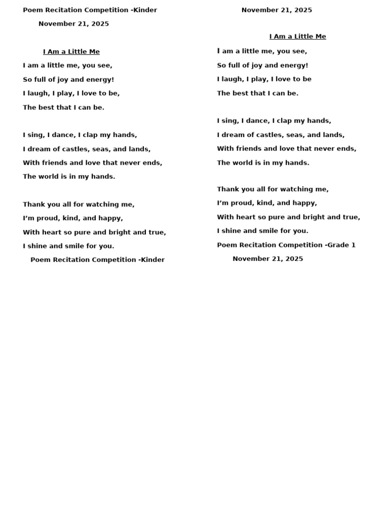 Kinder Poem Recitation Event 2025 | PDF