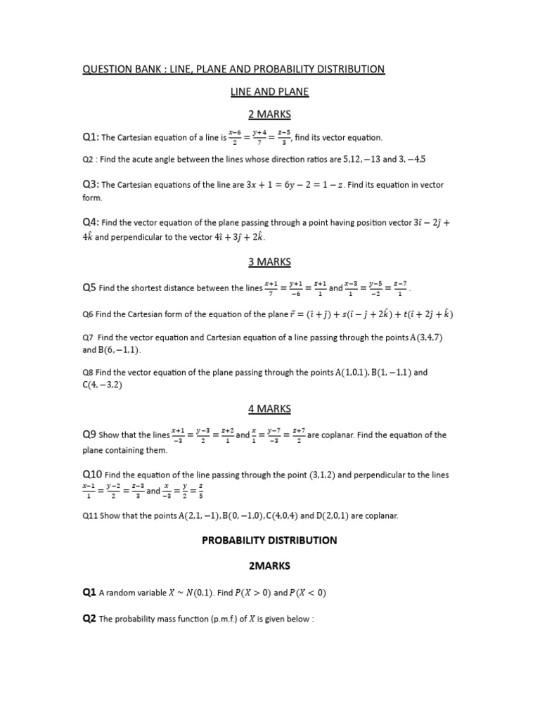 Line, Plane & Probability Questions Bank | PDF | Geometry | Elementary ...