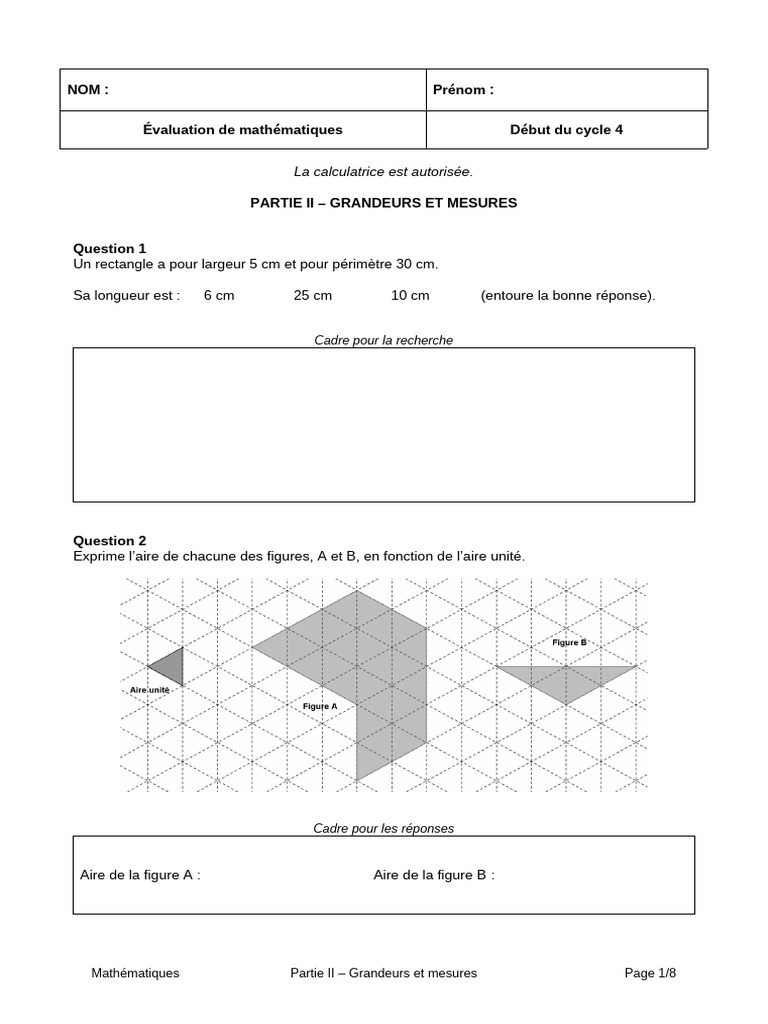 Évaluation de mathématiques cycle 4 | PDF | Zone | Longueur