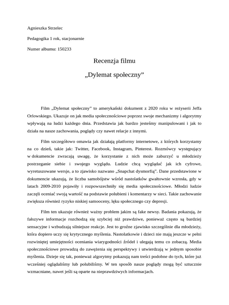 Recenzja Filmu Dylemat Społeczny" | PDF