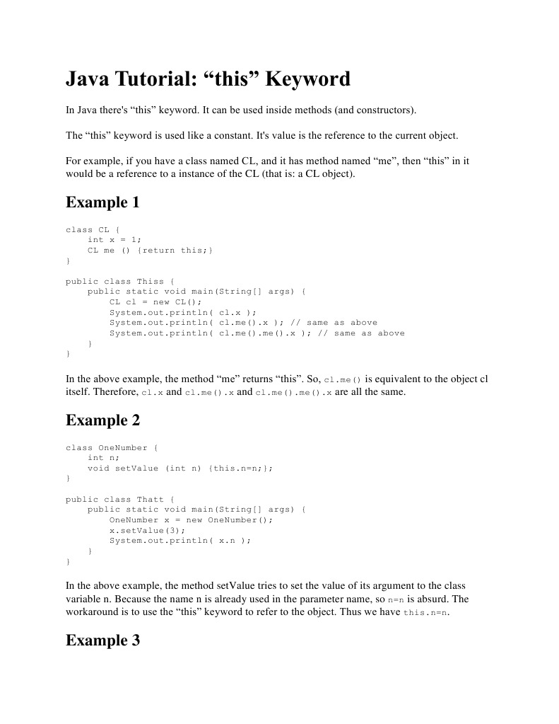 Java Tutorial: "This" Keyword: Example 1 | PDF | Method (Computer Programming) | Software ...