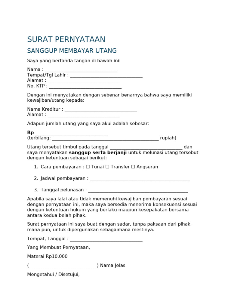 Surat Pernyataan Sanggup Membayar Utang | PDF