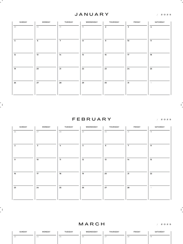 Black and White Minimalist Planner 2025 Monthly Calendar | PDF