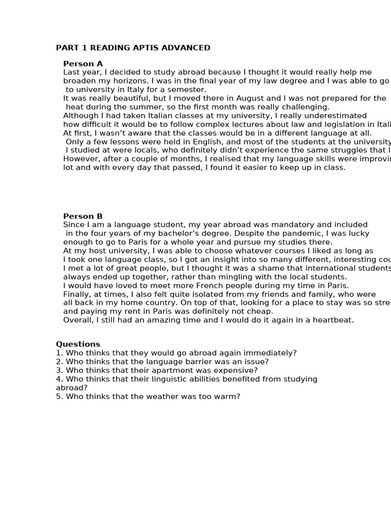 Part 1 Reading Aptis Advanced | PDF