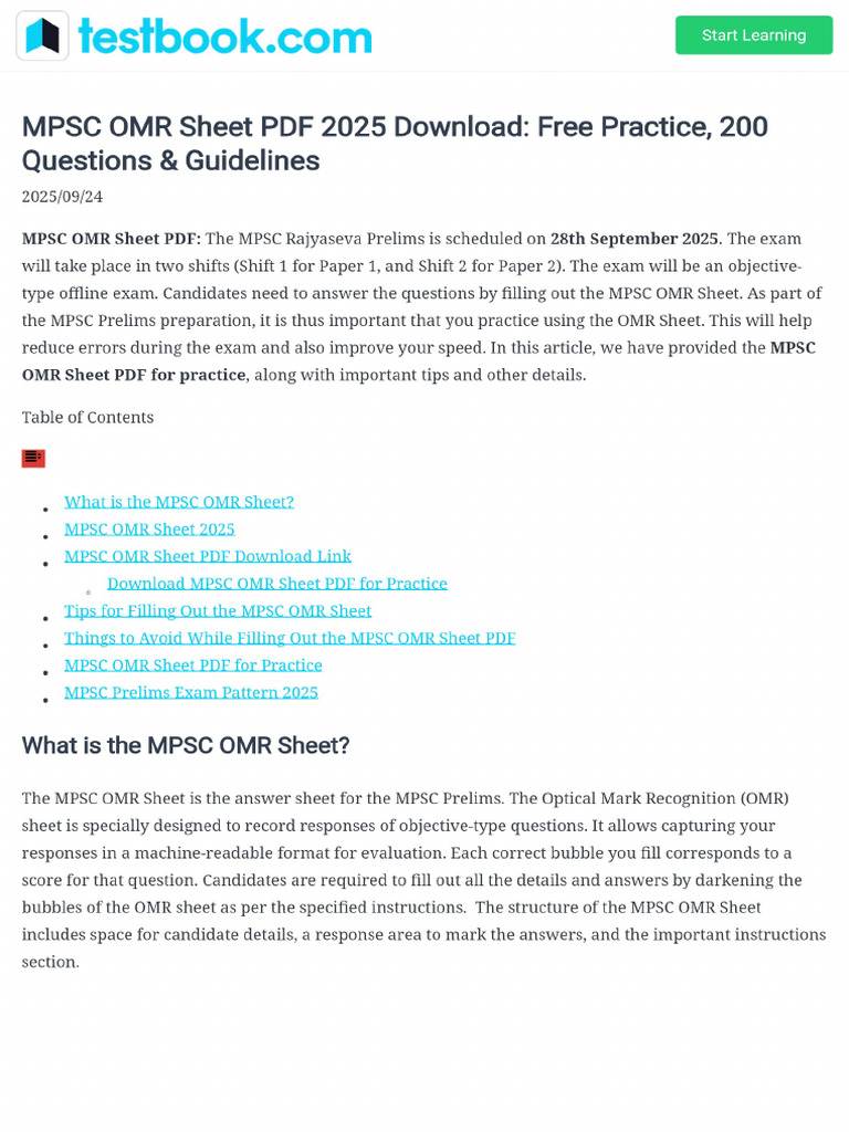 MPSC Omr Sheet PDF 2025 Download Free Practice 200 Questions Guidelines ...