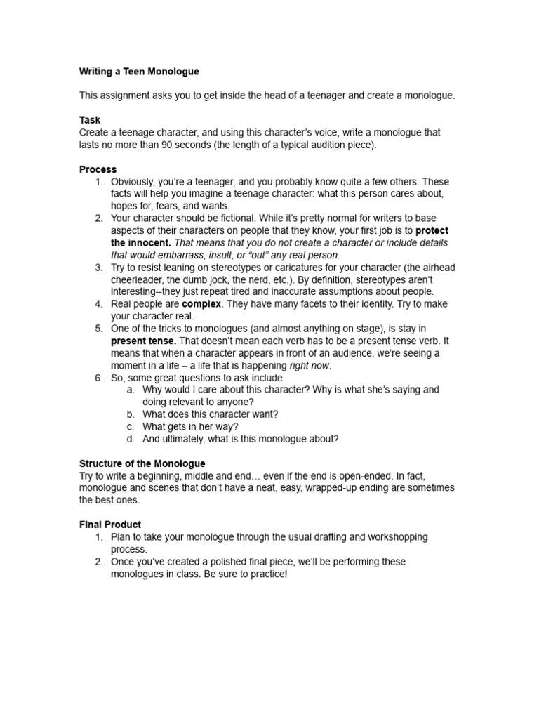 Crafting a Teen Monologue Guide | PDF