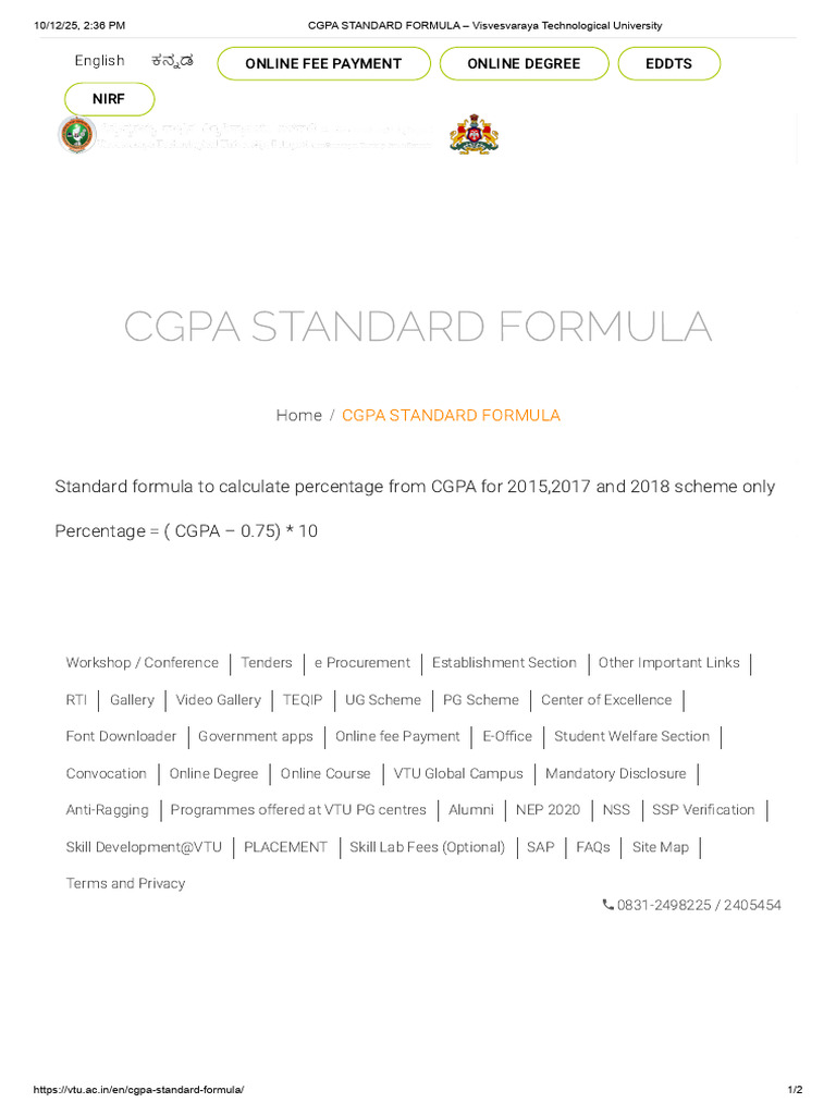 CGPA Calculation Formula for VTU | PDF