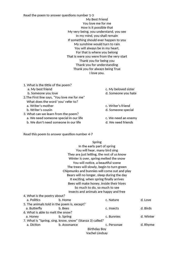 Poem Analysis and Questions Guide | PDF