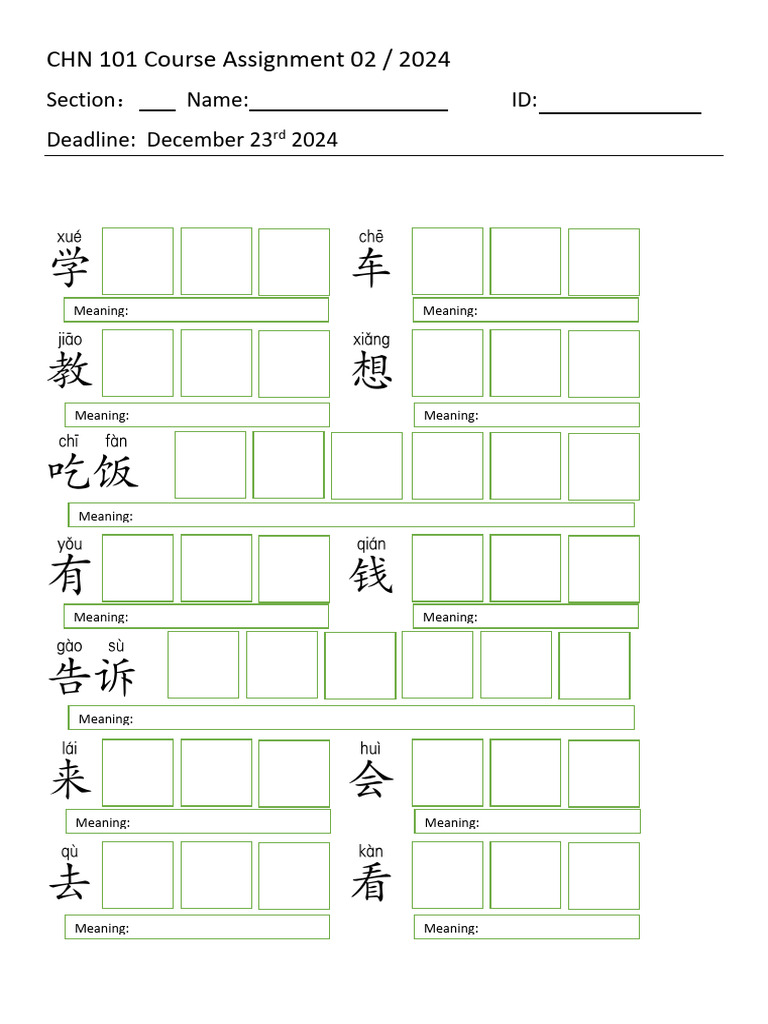 CHN 101 Assignment: Chinese Characters Practice | PDF