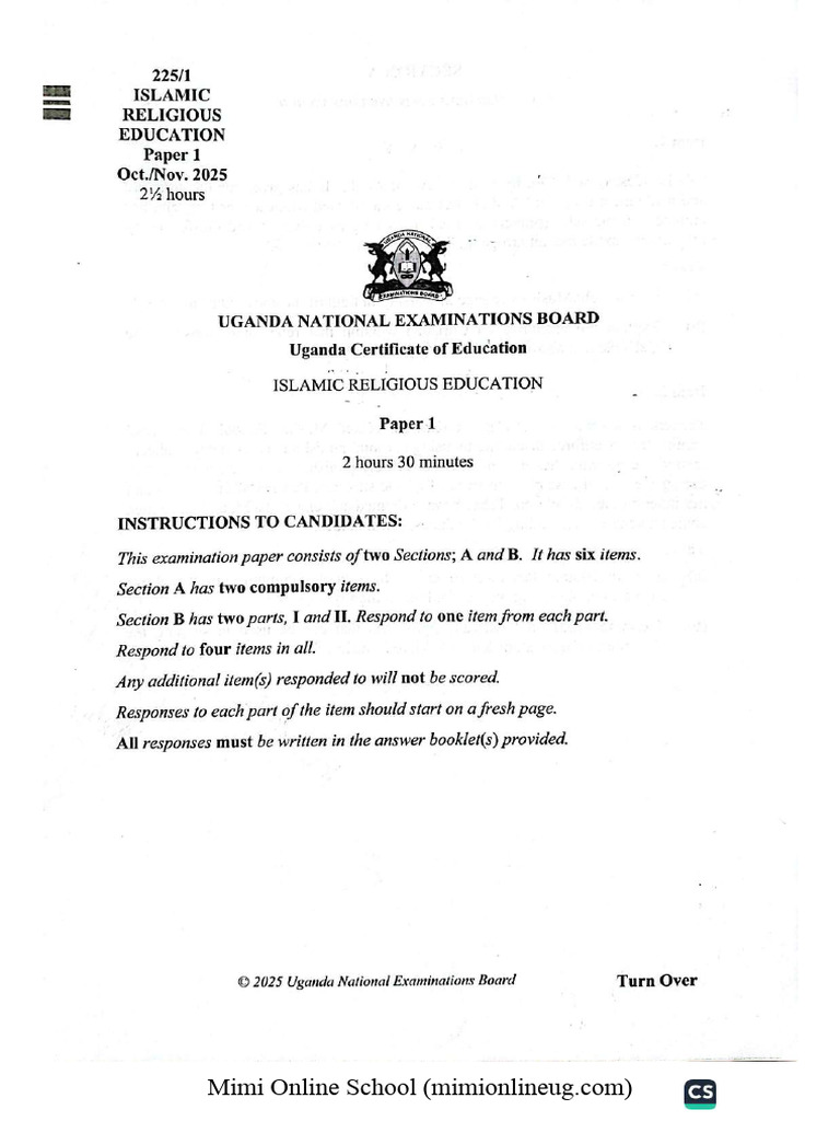 UNEB UCE IRE 1 2025 | PDF