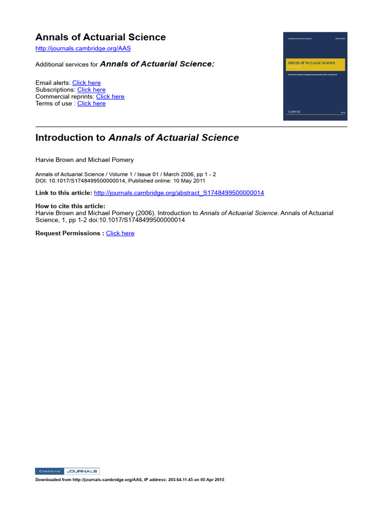 Annals of Actuarial Science 2006-Mar Vol. 1 Iss. 1) Brown, Harvie ...