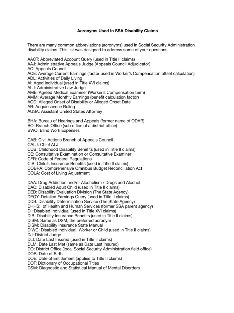 SSA Disability Claims Acronyms Guide | PDF | Cost Of Living ...