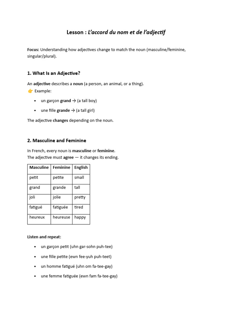 Accord des adjectifs en français | PDF