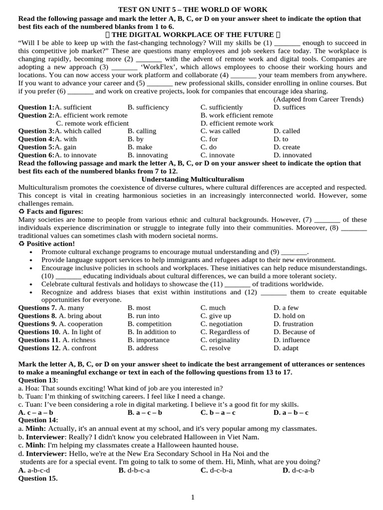 TEST ON UNIT 5 - K12 | PDF | Multiculturalism | Employment