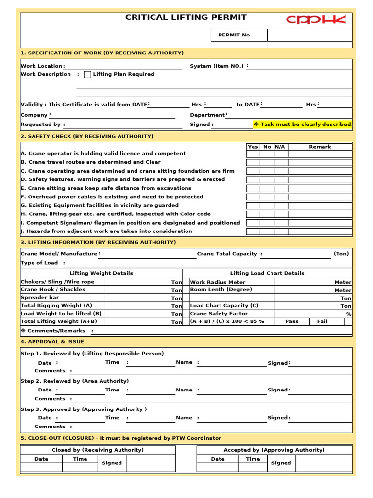 Critical Lifting Work Permit Form | PDF | Crane (Machine ...