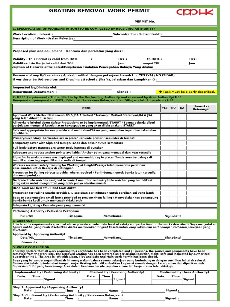 11. Grating Removal Work Permit | PDF | Safety | Occupational Safety ...