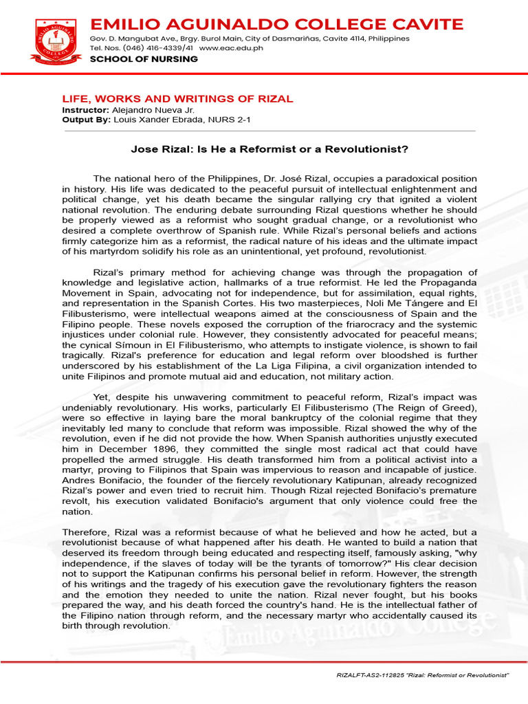 RIZALFT-AS2-112825 "Rizal - Reformist or Revolutionist" | PDF